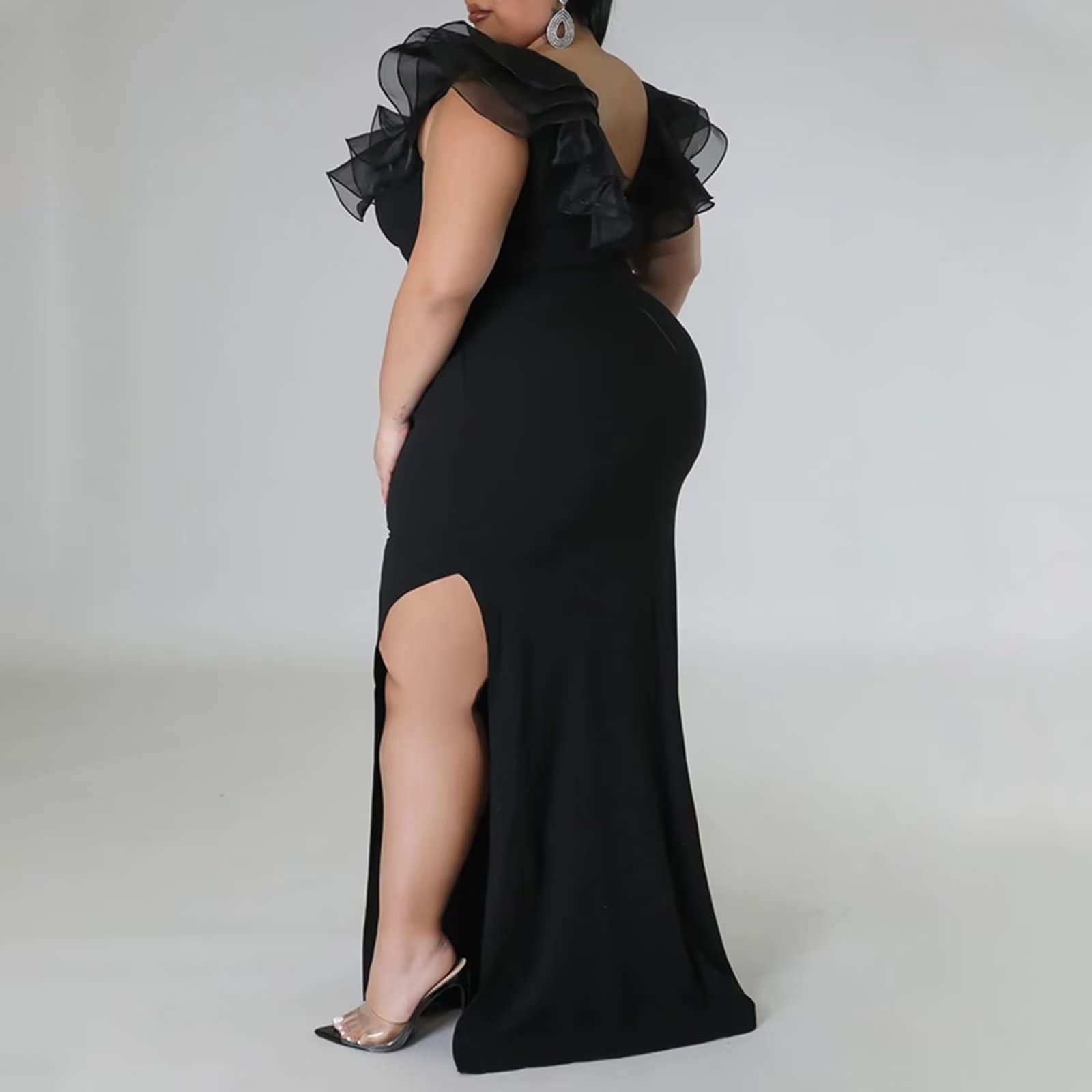 IyMoo Women's Sexy Plus Size Bodycon V Neck Ruffle Mesh Sleeve Backless Cocktail Evening Mixi Dresses Black 4XL
