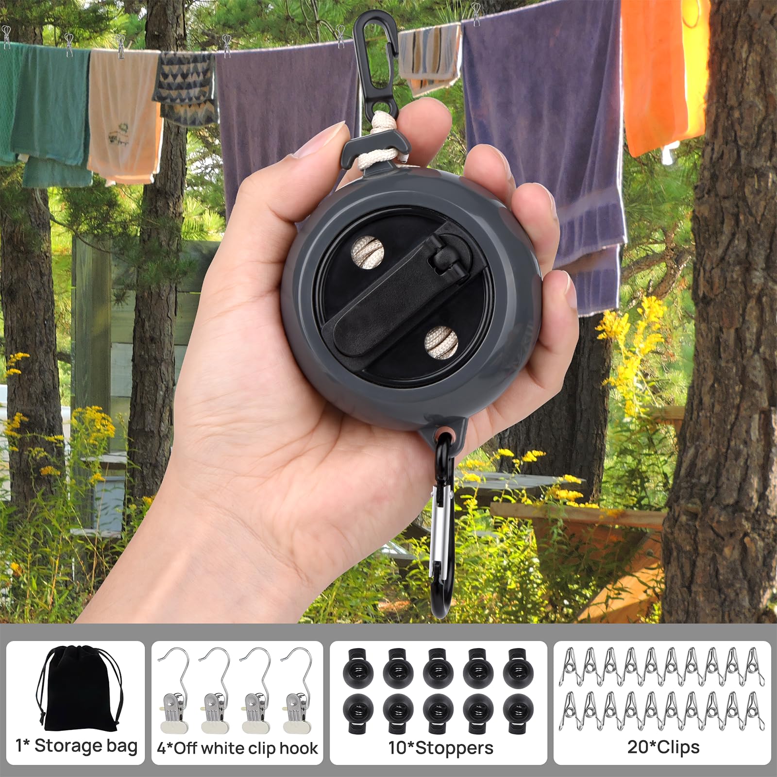 Zmains Retractable Clothesline Outdoor, Adjustable 32.8ft Travel Clothesline Portable Clothesline for Outdoor/Indoor Laundry Rope with 10pcs Stoppers 20pcs Windproof Clothespins 4pcs Hooks