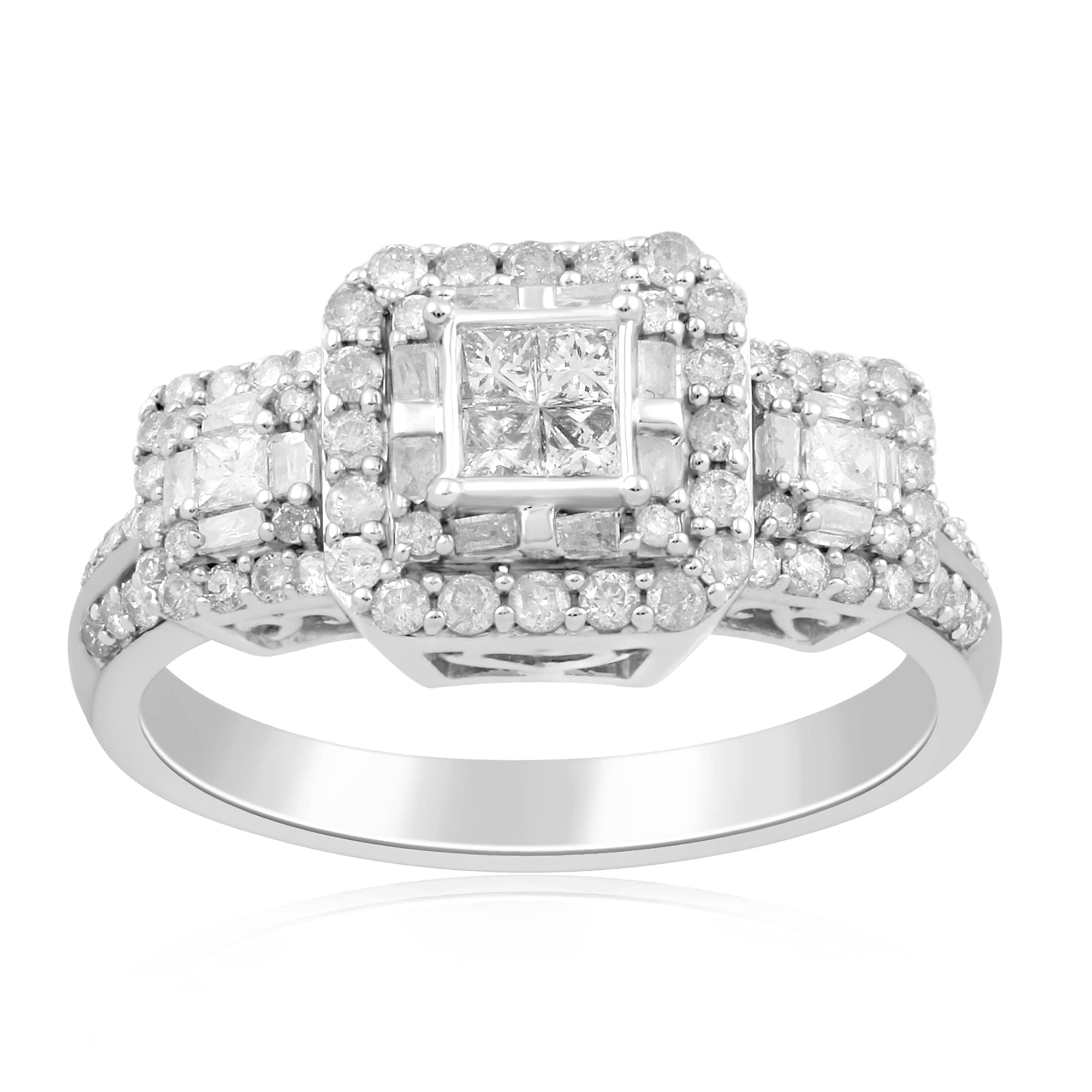 Jewelili 10K White Gold 1 Cttw Princess Cut Centre with Round and Baguette shape Natural White Diamond Engagement Ring, Size 8