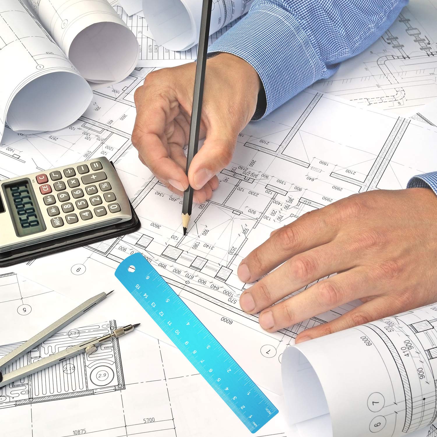 Stainless Steel Ruler and Metal Rule Kit with Conversion Table (Blue, 12 Inch, 6 Inch)