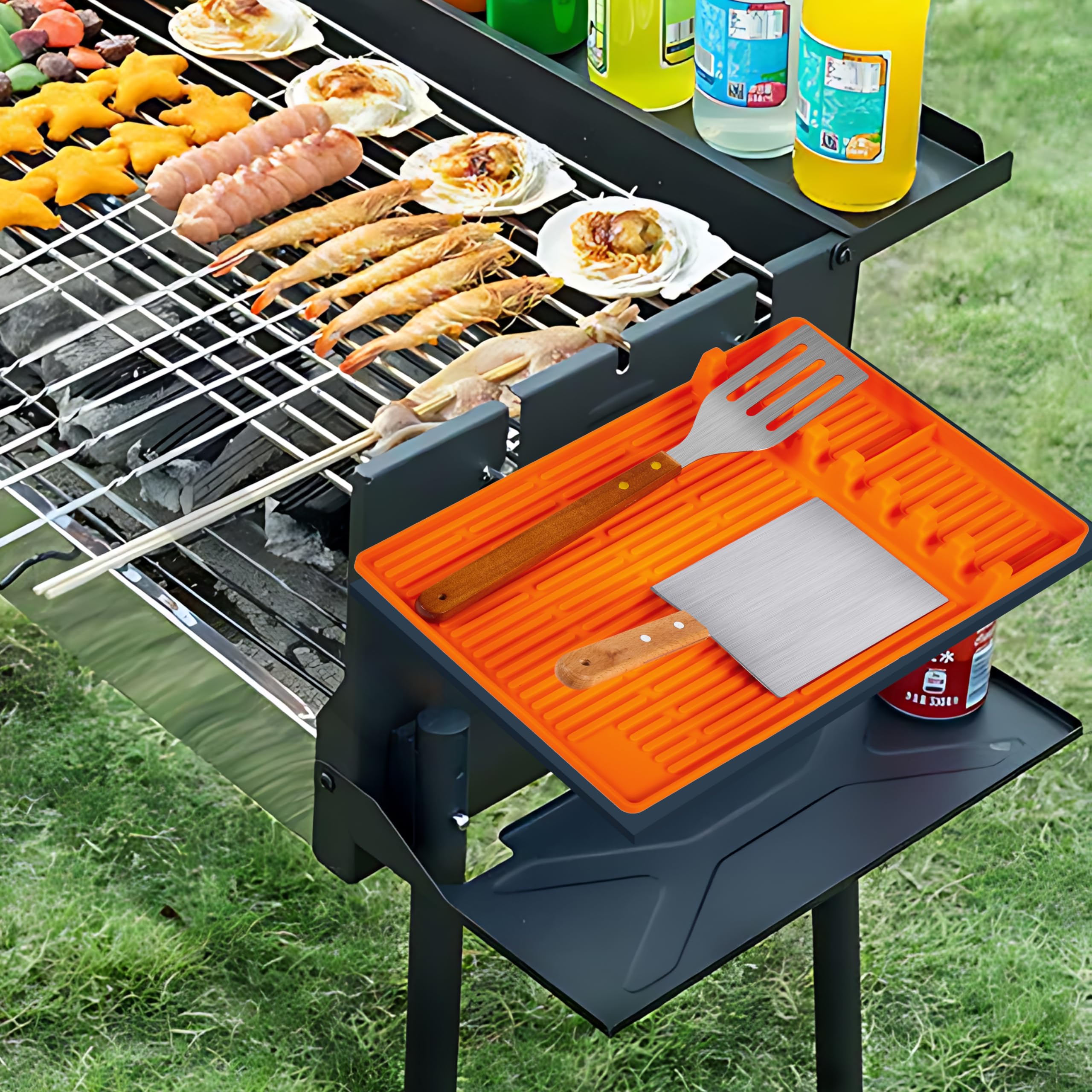 ISSEVE Silicone Griddle Tools Mat for Blackstone, Large Silicone Spatula Mat with Drip Pad, Grill BBQ Caddy Utensils Holder for Kitchen, Cooking & Countertop, Griddle Accessories for Blackstone Orange