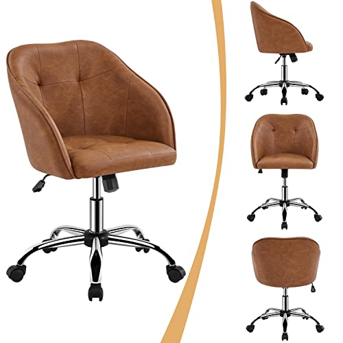 Yaheetech Faux Leather Desk Chair, Makeup Vanity Chair with Adjustable Tilt Angle, Swivel Office Chair Upholstered Armchair Study Chair for Bedroom and Makeup Room Retro Brown