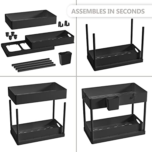 Under Sink Organizers and Storage | Bathroom Cabinet Organizer, Sink Shelf with Utility Hooks and Side Caddy for Under Cabinet Storage | Black (2-Pack) Under Kitchen Sink Organizer with Sliding Drawer