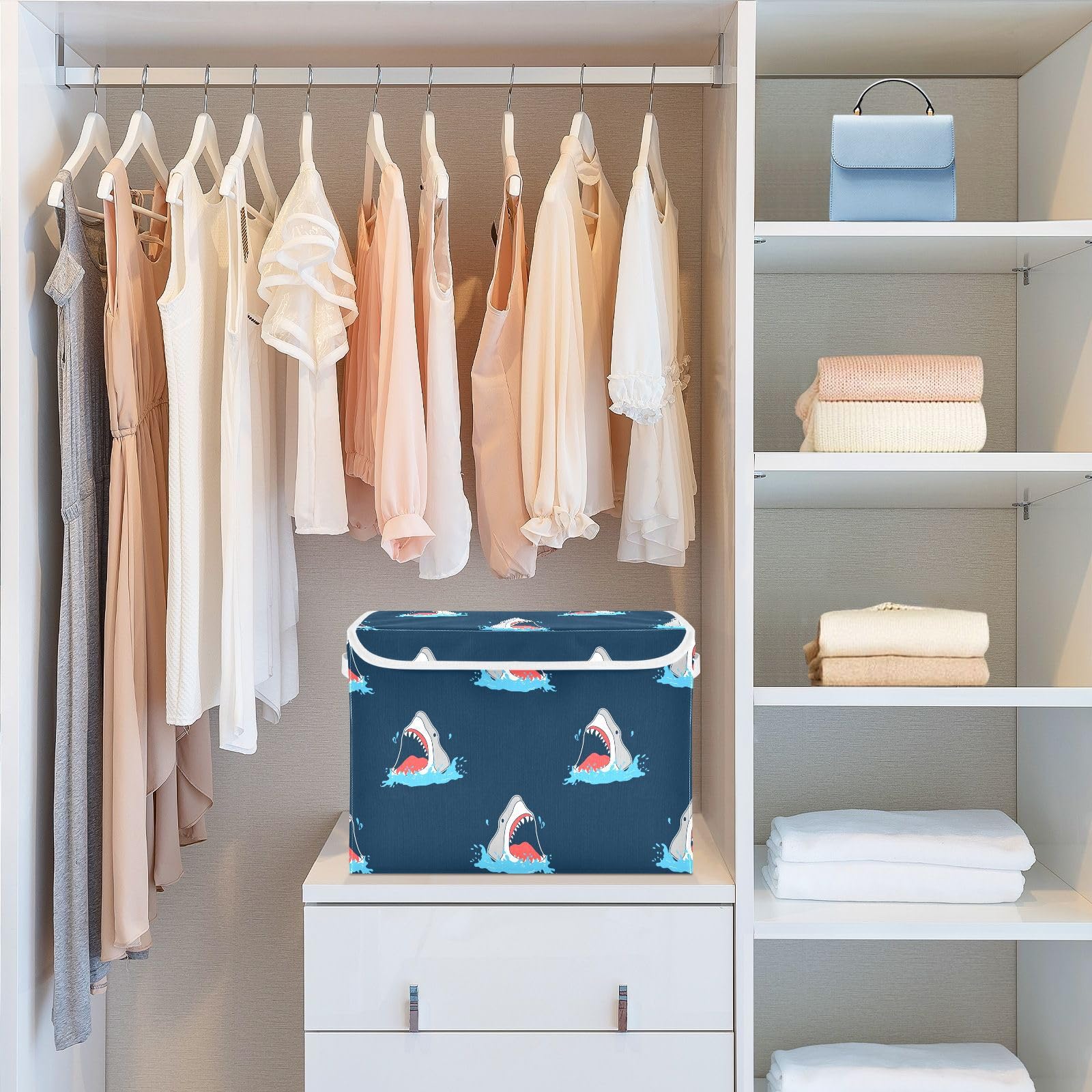 VIGTRO Large Collapsible Storage Bins with Lids Hand Drawn Shark, Summer Storage Baskets Organizer Containers with Handles for Home Bedroom Office