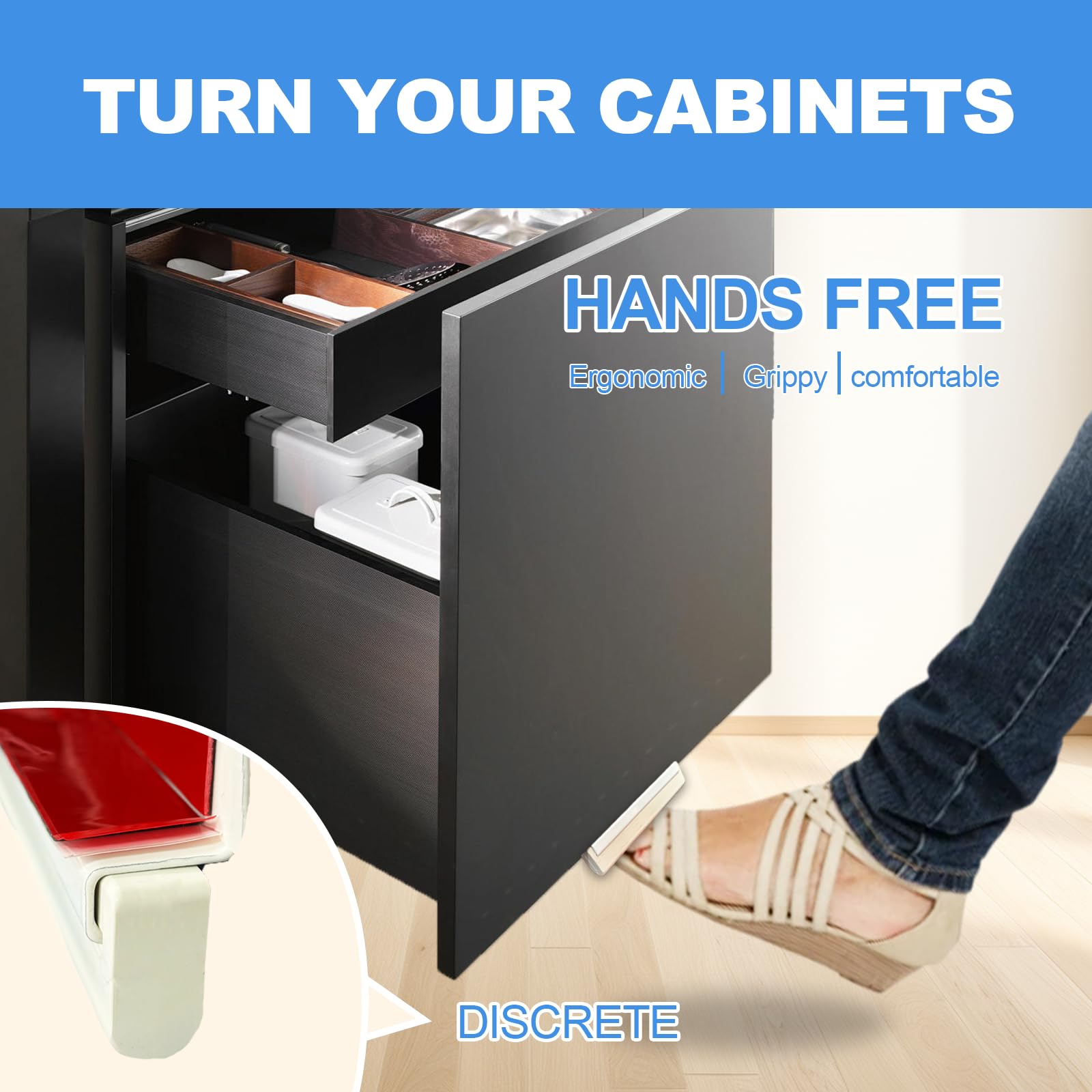 WALSIO Foot Pull for Trash Cabinet Drawer, 0.64 Iches Wide, Hands-Free Design for Kitchen Garbage Cabinet, Touchless Opener for Full Overlay Cabinet Door