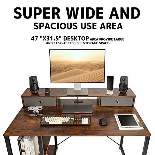TOPSKY 47βx 31.5β Computer Desk with Drawers, Monitor Stand, Storage Shelf, 3-Port Charging Station (Rustic Brown)