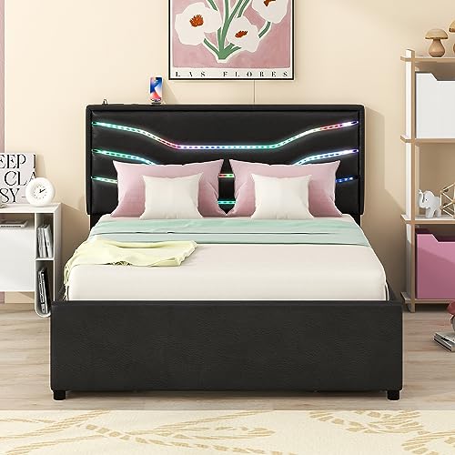 YSWH Queen Size Upholstered Platform Bed, Wood Storage Bed Frame with 4 Drawers, Headboard with LED Lights Strips and USB Charging, Kids Adults Bedroom Furniture Versatility Bed (Black)