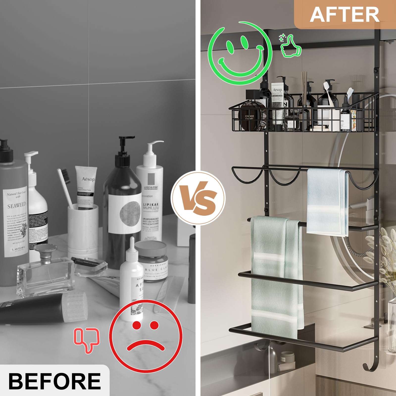 X-cosrack Adjustable Towel Racks for Bathroom Door Hanging, 5 Tiers Over The Door Towel Rack with Hooks, Bathroom Towel Holder Wall Mount for organizing Towels,Clothes