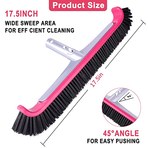 Professional Luxury Swimming Pool Wall & Tile Brush,17.5" Curved Edge Heavy Duty Polished Aluminum Back Head Designed for Cleans Walls, Tiles & Floors, Premium Nylon Bristles with EZ Clips (Ruby red)