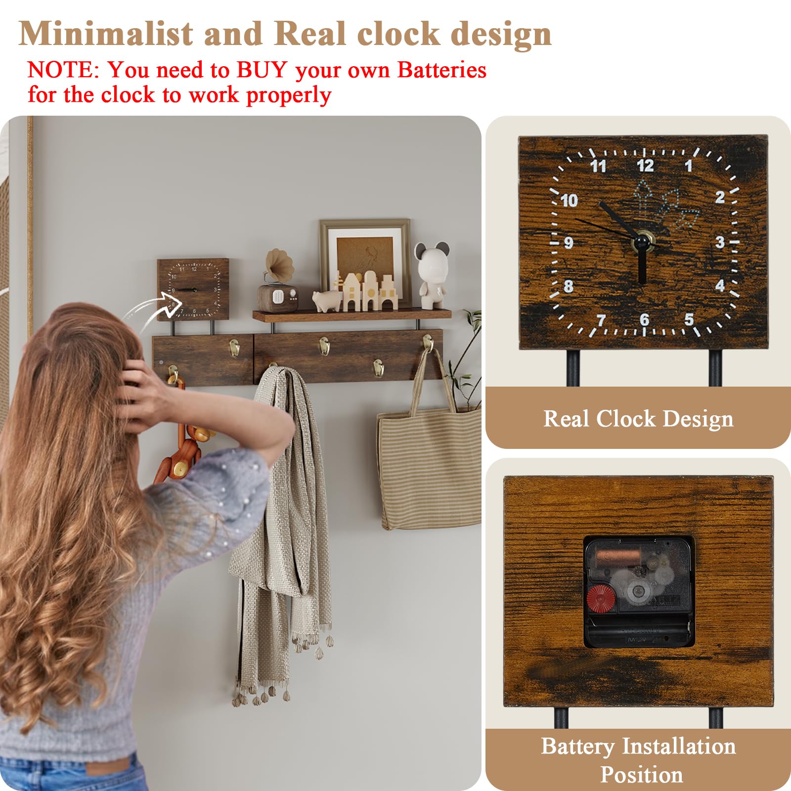 X-cosrack Coat Rack Wall Mount, Wooden Wall Mounted Storage Rack with Clock and 6 Hooks,Hanging Coat Rack with Shelf for Entryway, Bathroom, Living Room, Bedroom