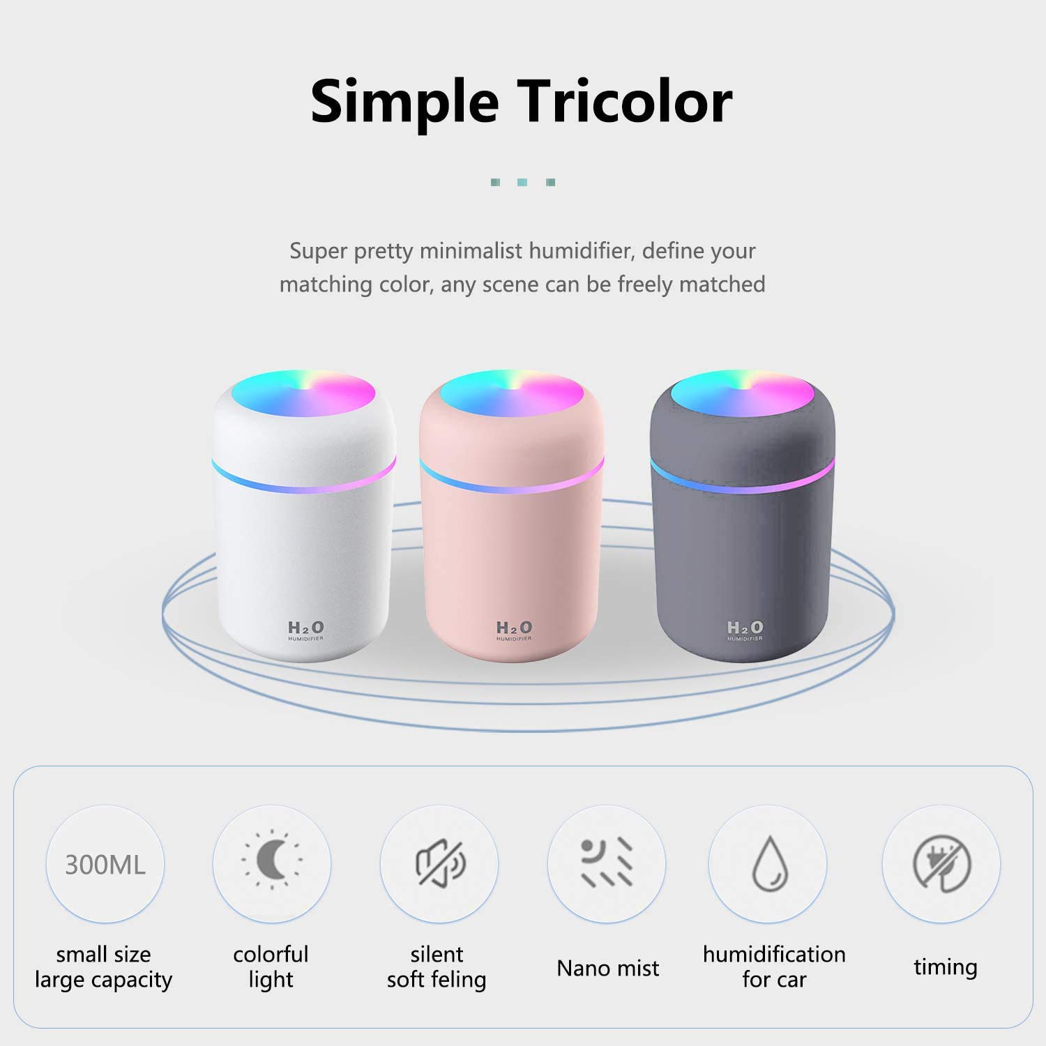 Kamon 300ml Mini Ultrasonic Cool Mist Humidifier, 7 Color LED Night Light, 2 Mist Mode, Auto Shut-Off for Car, Home, Office, Travel (Grey)