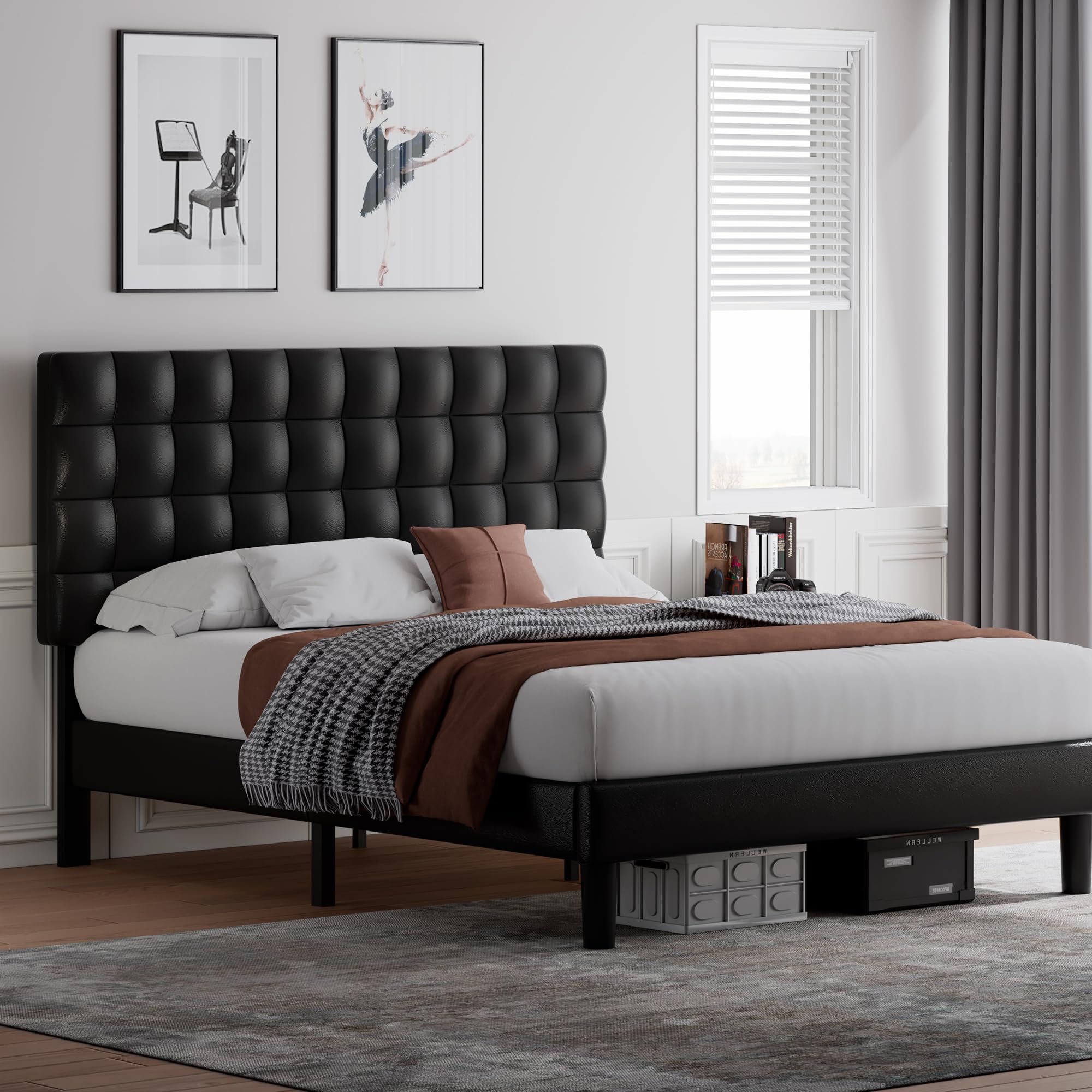 iPormis Queen Platform Bed Frame, Faux Leather Upholstered Bed Frame with Square Tufted Headboard, Wood Slats Support, No Box Spring Needed, Easy Assembly, Black