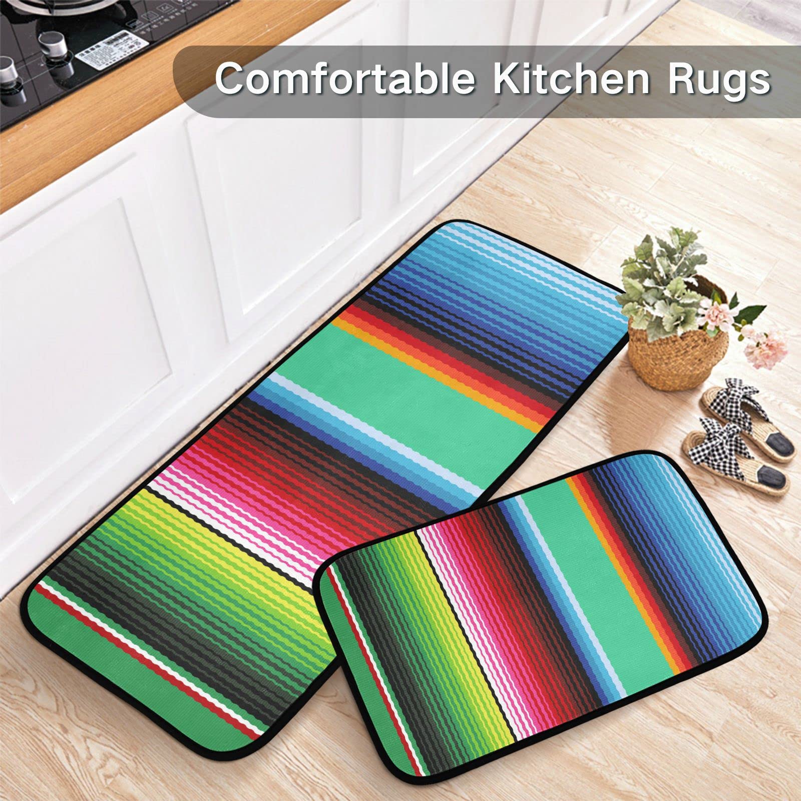 Mexican Serape Blanket Stripes Kitchen Rug Mats 2PCS Non Slip 47" x 20" + 28" x 20" Kitchen Carpet Floor Mat Hallway Rugs Anti Fatigue Doormat