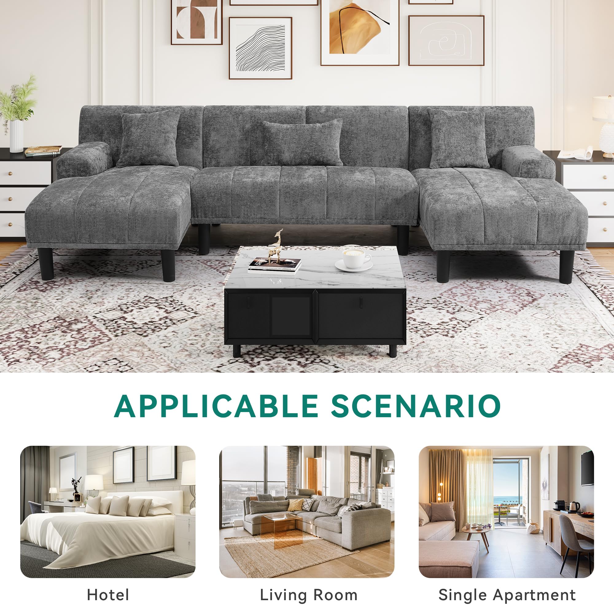 YITAHOME Sectional Couches for Living Room, U Shaped Sofa Chenille Modern Couch with USB & Type C Charging Ports Double Chaise and Comfy Upholstered Sofa, Grey