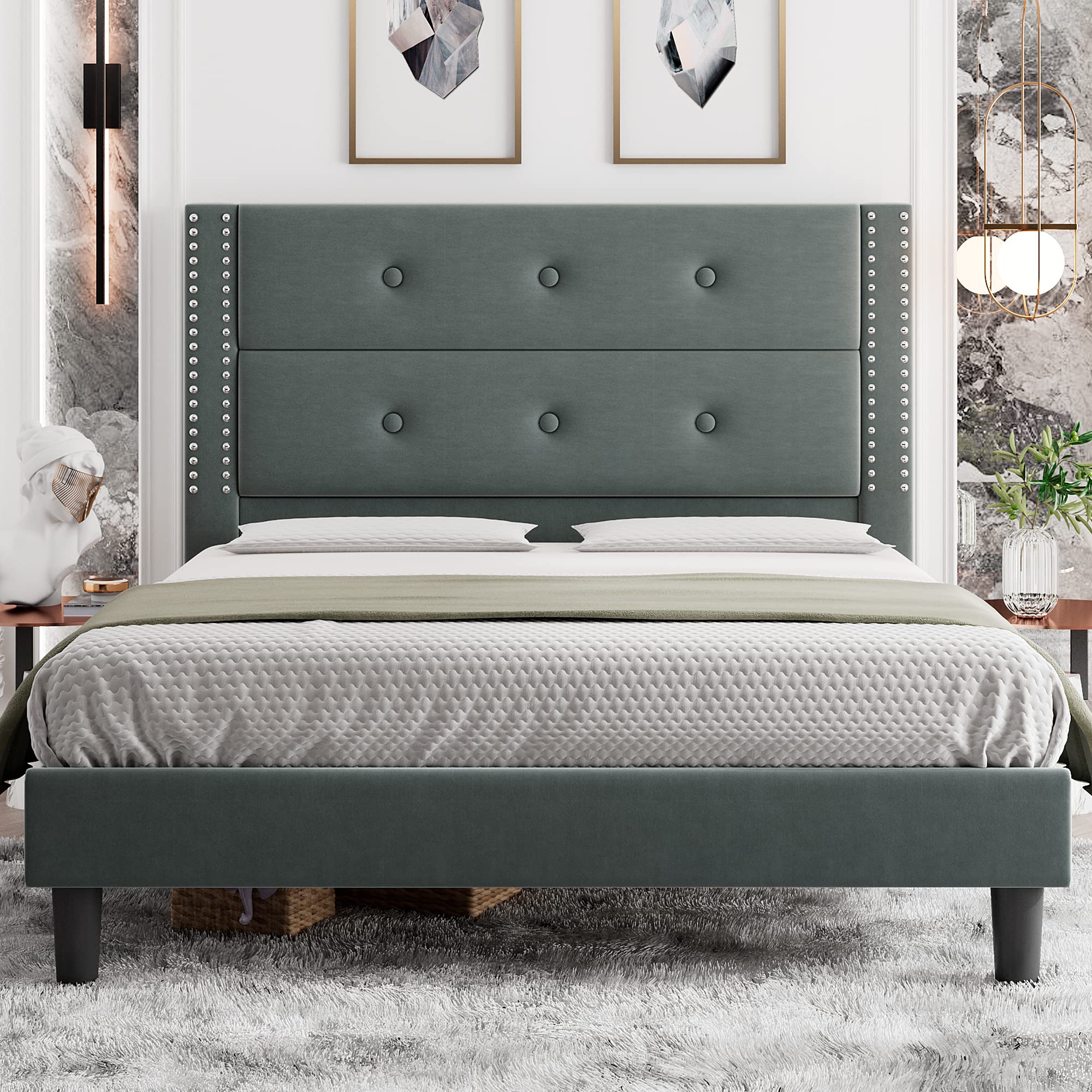 iPormis Queen Size Platform Bed Frame, Velvet Upholstered Bed Frame with Button Tufted & Nailhead Headboard, Wooden Slats Support, No Box Spring Needed, Noise-Free, Gray