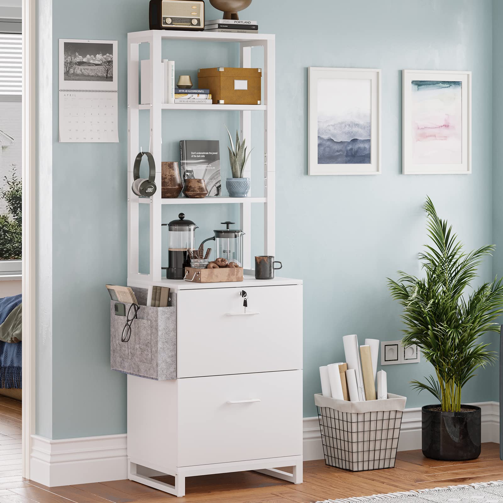 Itaar 2 Drawer File Cabinet, Filing Cabinet with Lock fits Letter, Legal, A4 Size, File Cabinets for Home Office with Storage Bag, Open Shelf and Hook, White