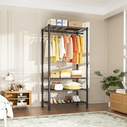Ulif H2 Heavy Duty Clothes Rack, Freestanding 4 Tiers Garment Rack for Hanging Clothes with Shelves and Hangers, Closet Organizers and Storage Metal Closet Wardrobe System, Max Load 500 LBS, Black