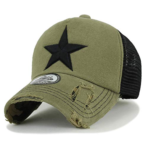 ililily Star Embroidery Black White Trucker Hat Cotton Baseball Cap, Olive, Medium