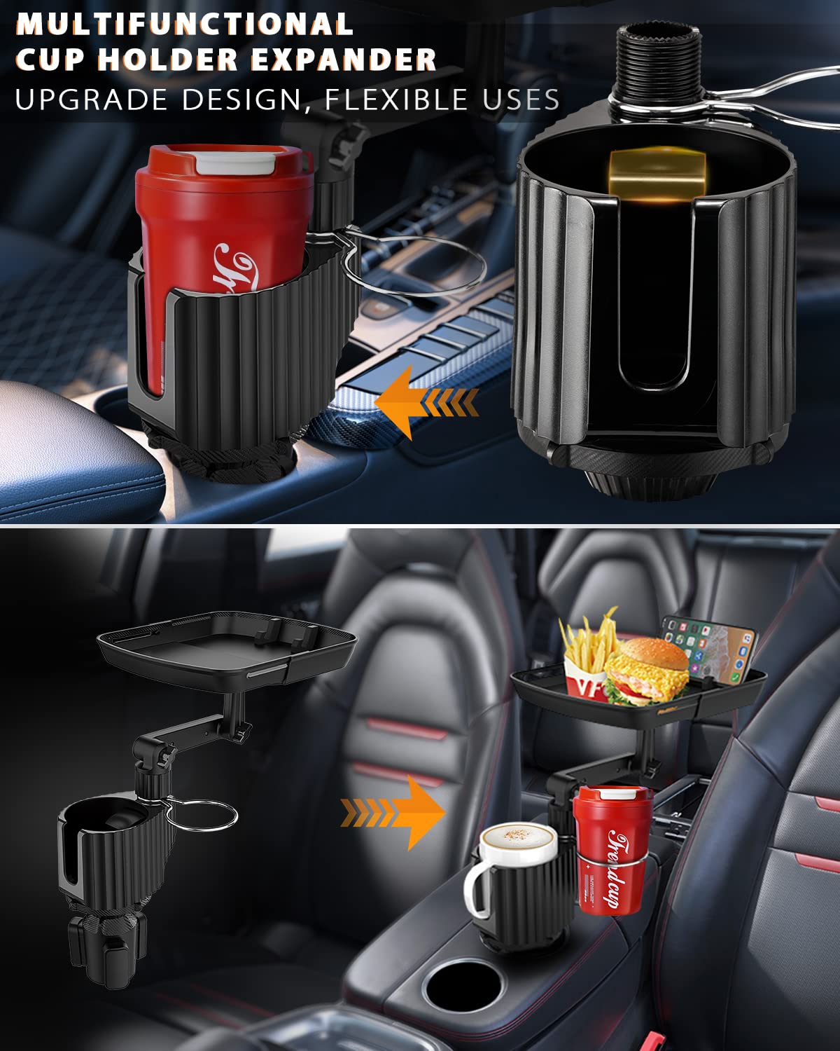 IPOW 4-in-1 Car Cup Holder Expander Tray,Detachable Upgraded Food Tray Expandable Dual Cup with Phone Holder,360°Rotation Adjustable Base,Road Trip Essentials Accessories for Drinking and Eating