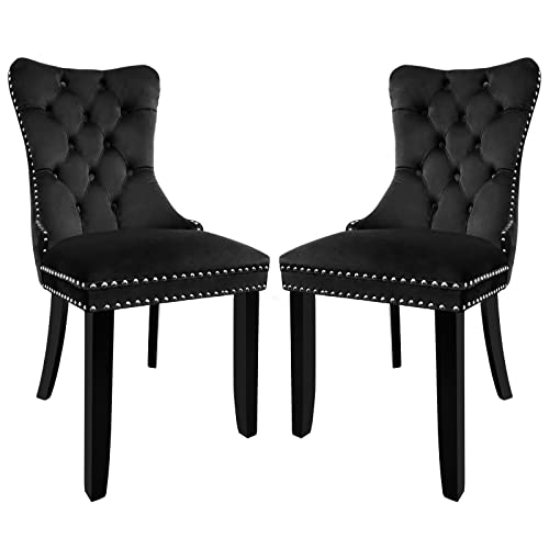 Wonder Comfort Velvet Upholstered with Nailhead Back and Ring Pull Trim Solid Wood Dining Chairs Set of 2, 19.724.437.4, Black