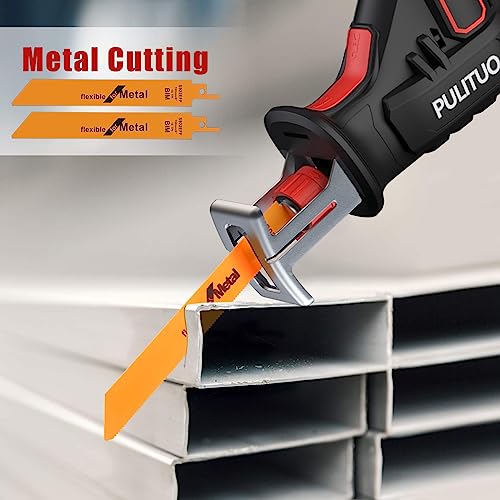 PULITUO Cordless Reciprocating Saw, Speed 3000SPM with Clamping Jaw, Including 2000 mAh/ 1-Hour Fast Charge,Safety Gloves& Goggles, 4Pcs of Saw Blades for Wood