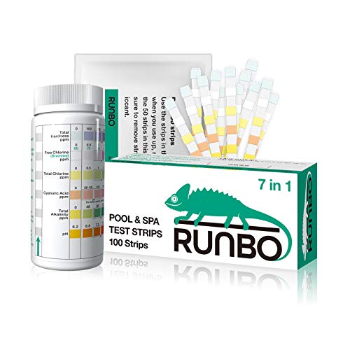 RUNBO Pool Test Strips 7-in-1 (100 Count), Quality Testing Strips - Simple and Easy - Test Free Chlorine, Total Chlorine, Bromine, Total Hardness, Total Alkalinity, pH and Cyanuric Acid