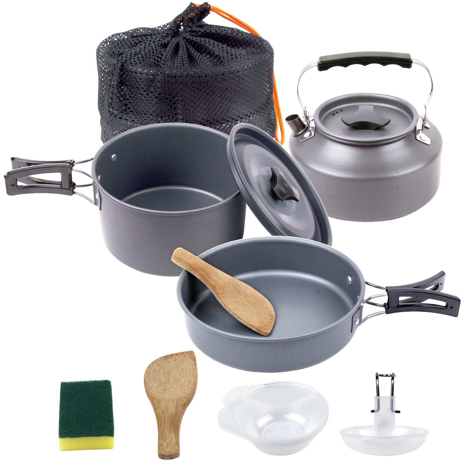 Outdoor Camping Cookware Set with Pot Pan and Kettle,Camping Cookware Mess Kit Portable Hiking Backpacking Cooking Pot Set Survival Cooking Gear Lightweight Cookware(B-Black)