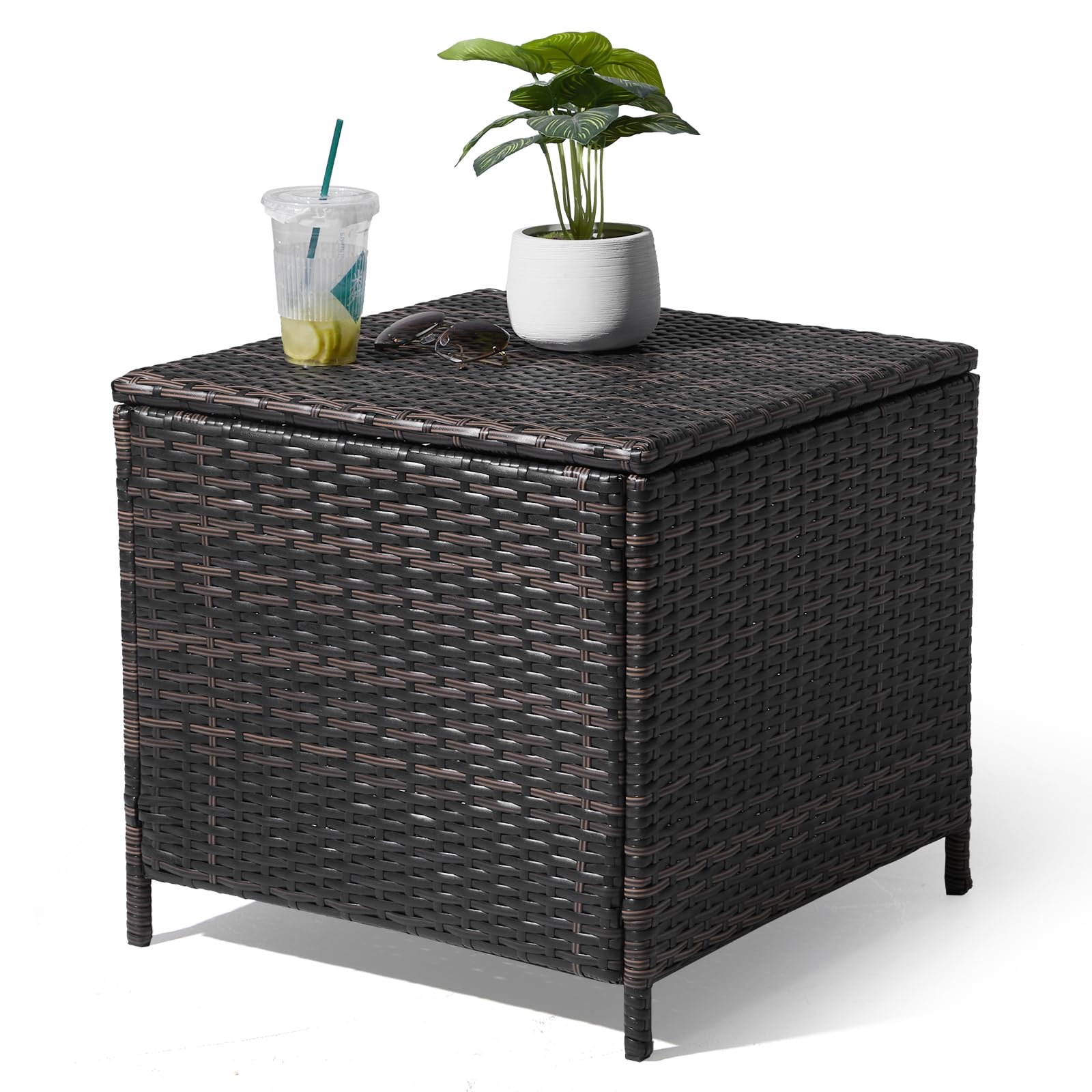 VINGLI Outdoor Side Table with Storage, 13-Gallon Storage Box Outdoor Wicker Side Table for Patio Storage Table (Trapezoidal), Middle, Brown