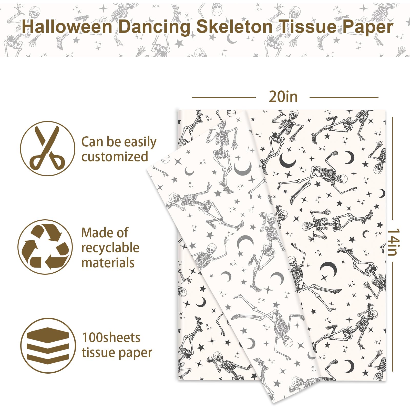 Whaline 100 Sheets Halloween Tissue Paper Dancing Skeleton Gift Wrapping Paper Decorative Art Paper for Home Party DIY Crafts Supplies, 14 x 20 Inch