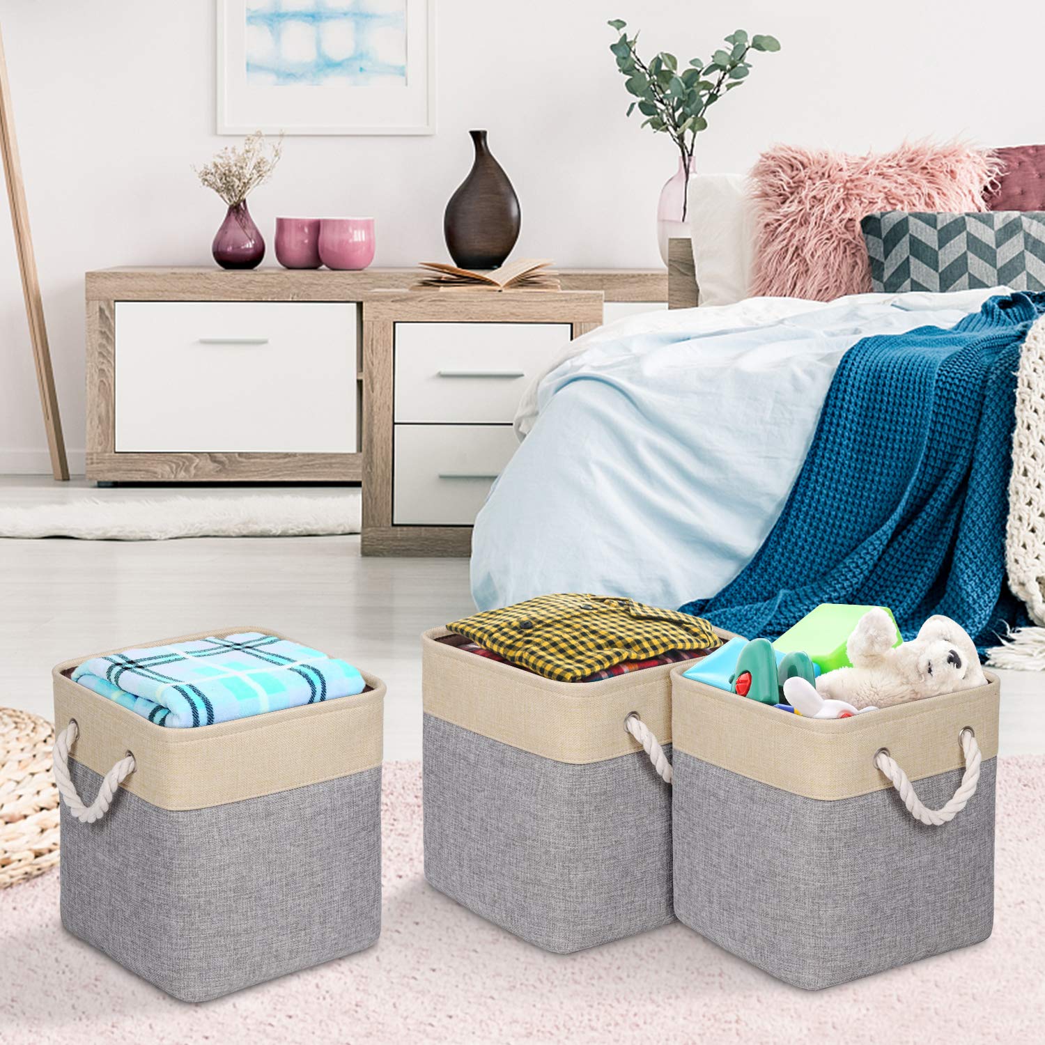 Syeeiex Storage Bins,[3-Pack] 11x11 Storage Cube Bins,Collapsible Storage Cubes,Storage Baskets,Fabric Storage Bins for Storing Cloths,Books on Living Room(With Hard Bottom)