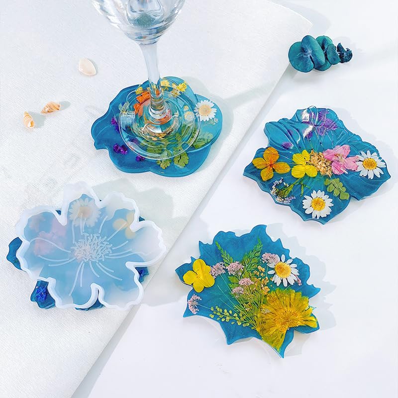 Yalulu 4Pcs Flower Shape Resin Coaster Molds, Crystal Coaster Silicone Molds, Coaster Silicone Molds for Resin Casting, Plate Tray Epoxy Mold