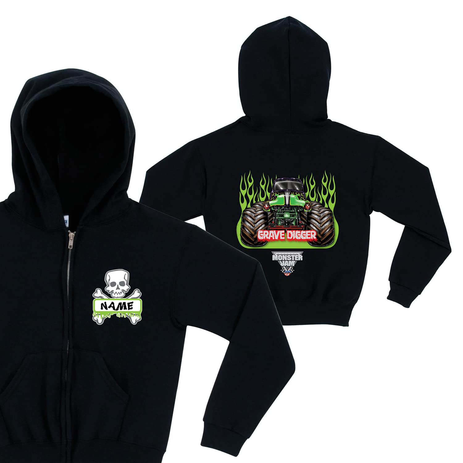 Monster Jam Grave Digger's Crossbones Black Personalized Zip-Up Hoodie with Custom Name Printed | Toddler 5/6T