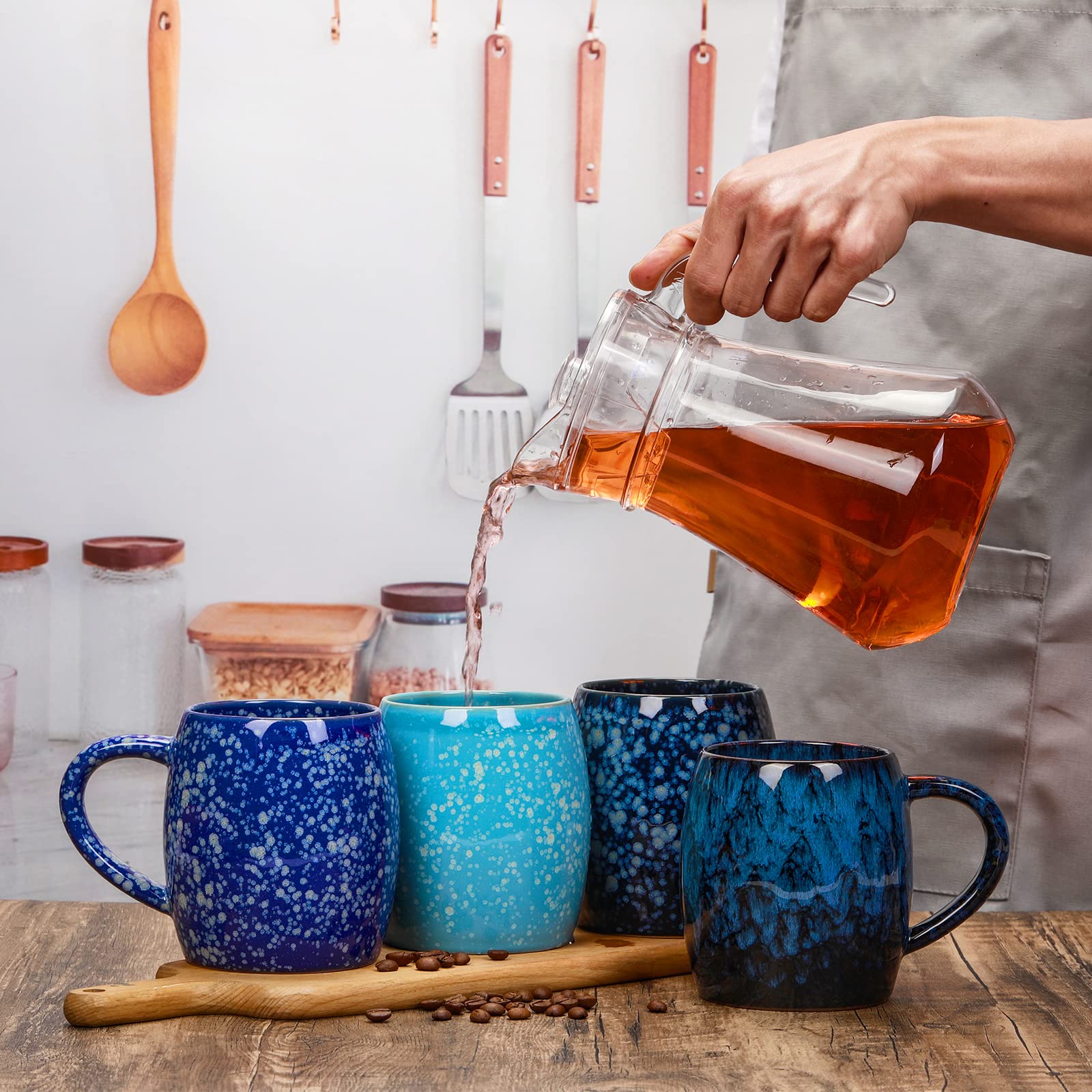 Otevymu 21 Oz Large Ceramic Coffee Mug, Handmade Pottery Big Tea Cup for Office and Home, Big Handle Hot and Cold Drinking, Microwave and Dishwasher Safe, Unique Texture Glaze (Deep blue)