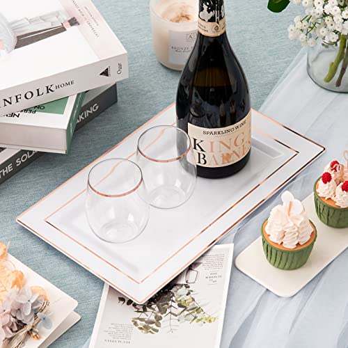 SUT 12 Pack White Plastic Serving Trays with Rose Gold Rim, 13 X 8 inch Rectangle Food Trays, Disposable platters Cookie Serving Trays, Rose Gold Serving Tray Wedding and Disposable Trays for Parties