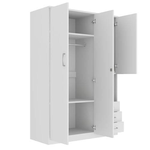 TINIMONI Modern 3-Door Wooden Wardrobe Armoire, Closet Organizer with Shelves, Drawers, and Hanging Rod, Stylish Storage Solution for Bedrooms, White