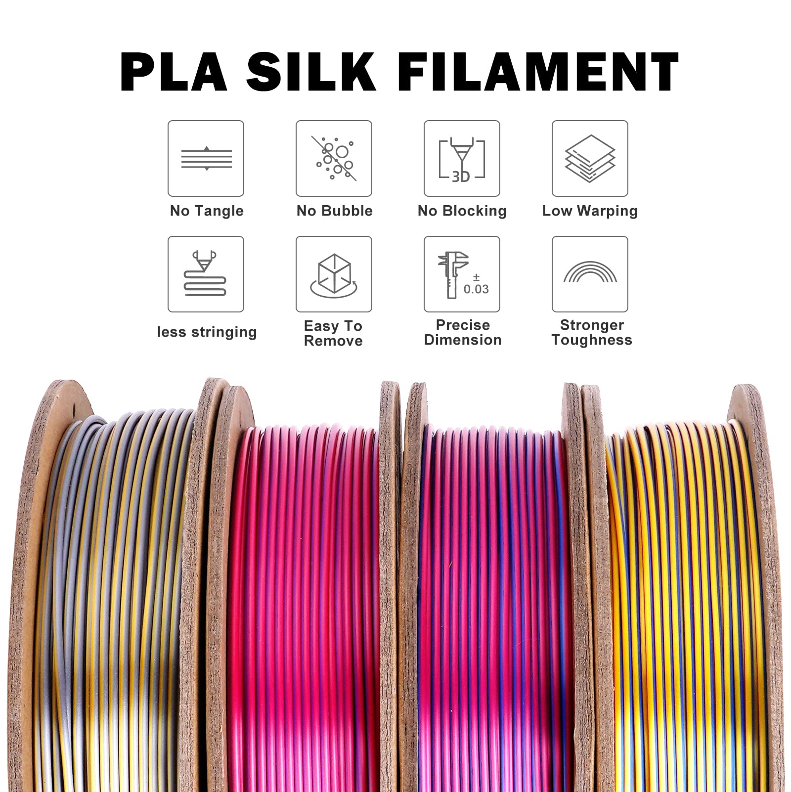 Silk PLA Filament 1.75mm for 3D Printer -ERYONE Silk Dual/tri Color Shiny PLA Dimensional Accuracy +/- 0.03 mm 3D Printing Filament 250g*4 Spools