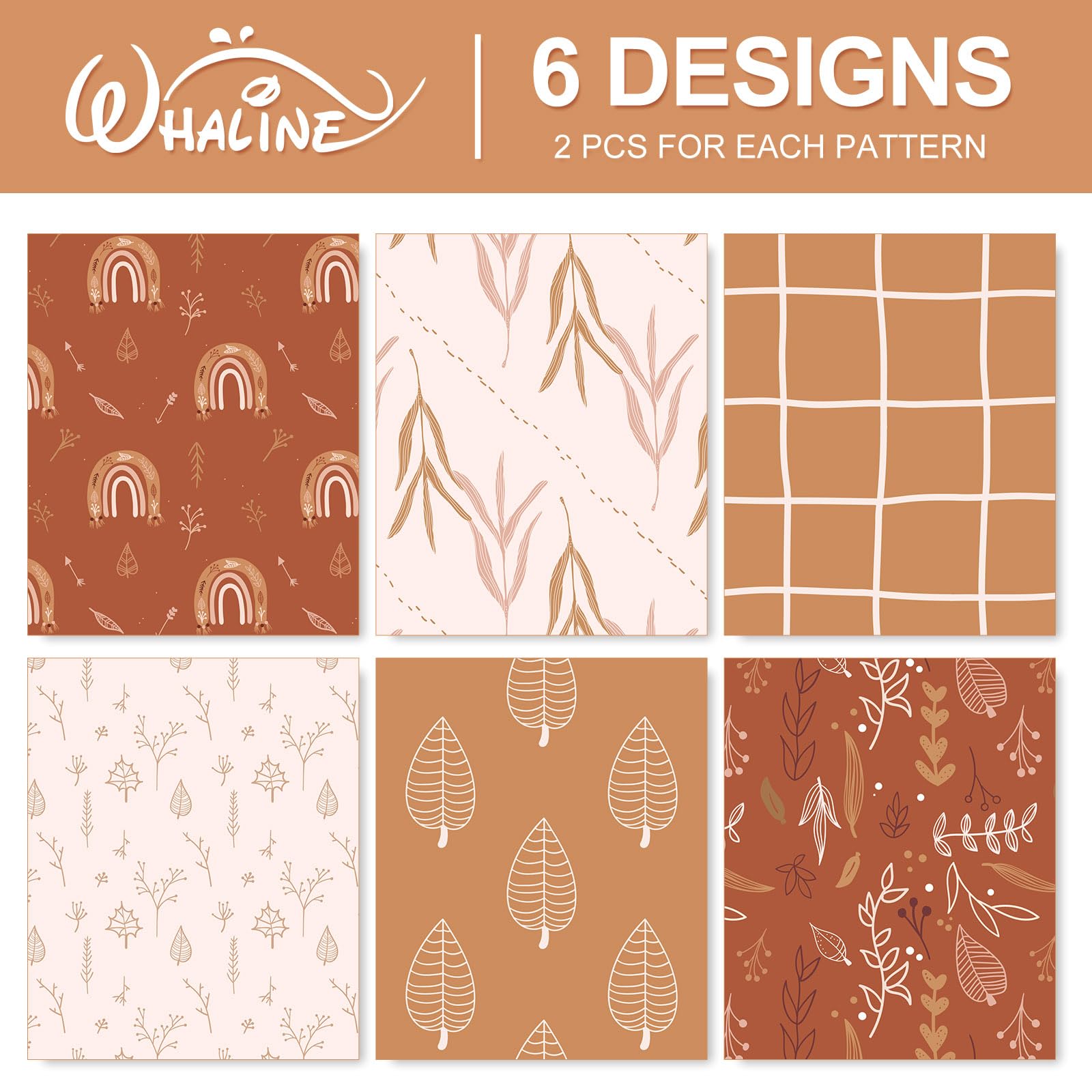 Whaline 12 Sheet Boho Fall Wrapping Paper 6 Style Maple leaf Stripes Pattern Packaging Paper Folded Flat DIY Art Craft Paper for Autumn Holiday Birthday Wedding Baby Shower, 19.7 x 27.6 Inch