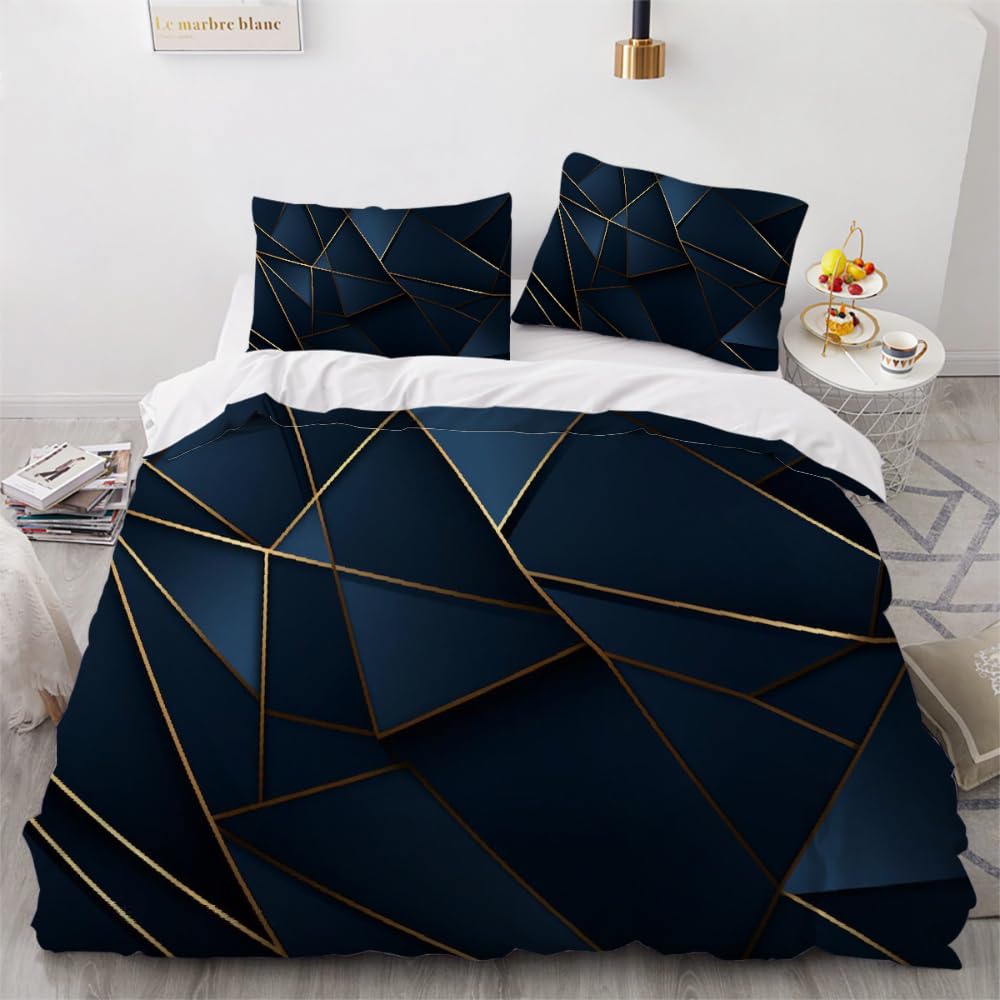 TBAUYI Navy Blue Duvet Cover King Size 3 Pieces,Geometric Gold Line 3D Printed Bedding Set with 2 Pillow Shams Luxury Soft Microfiber Bed Cover, Type13