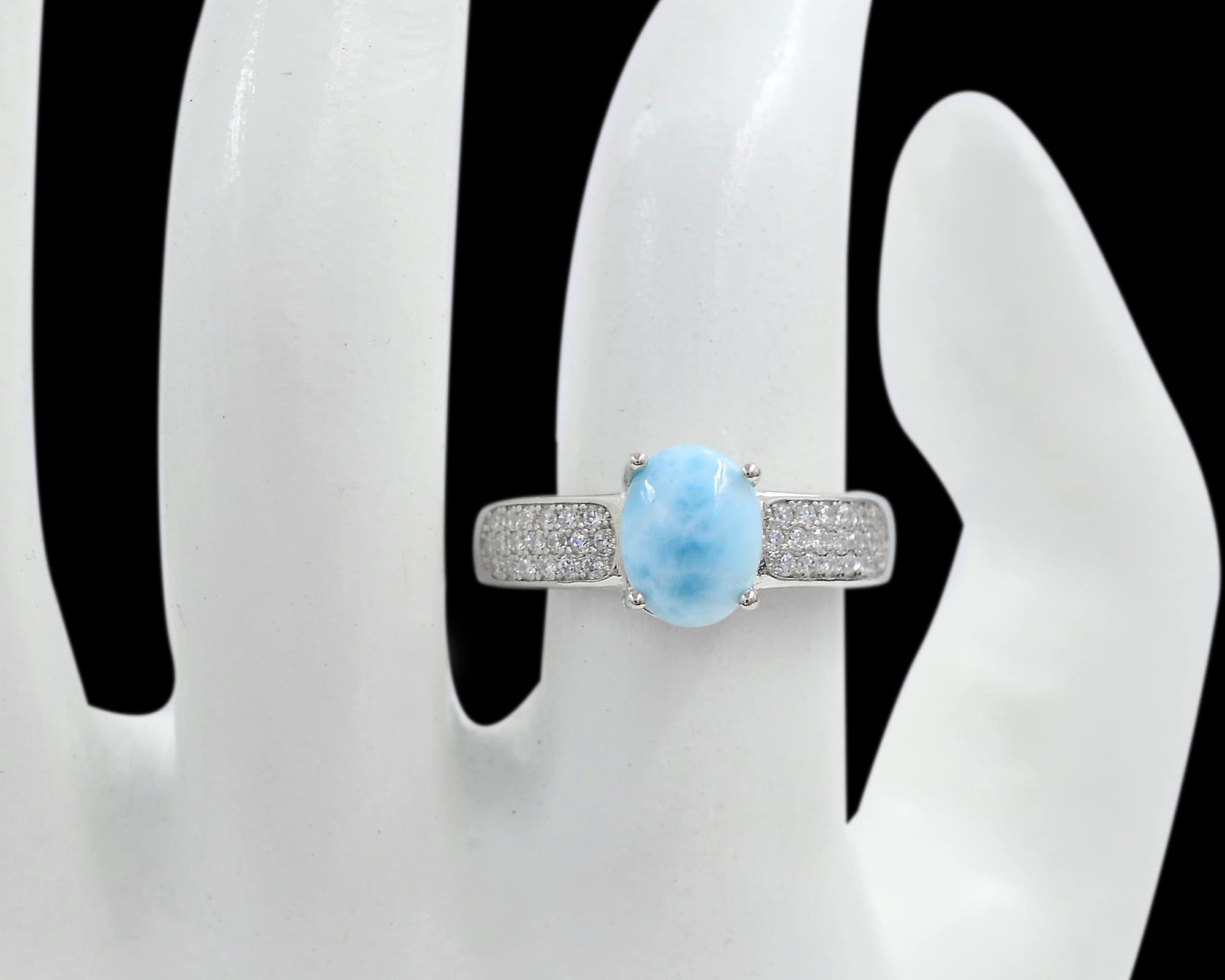 March Birthstone 9X7 MM Oval Natural Blue Larimar Cabochon Gemstone 925 Sterling Silver Solitaire Unisex Proposal Ring For Love and Friendship Gift (Rhodium Plated Silver, 7)
