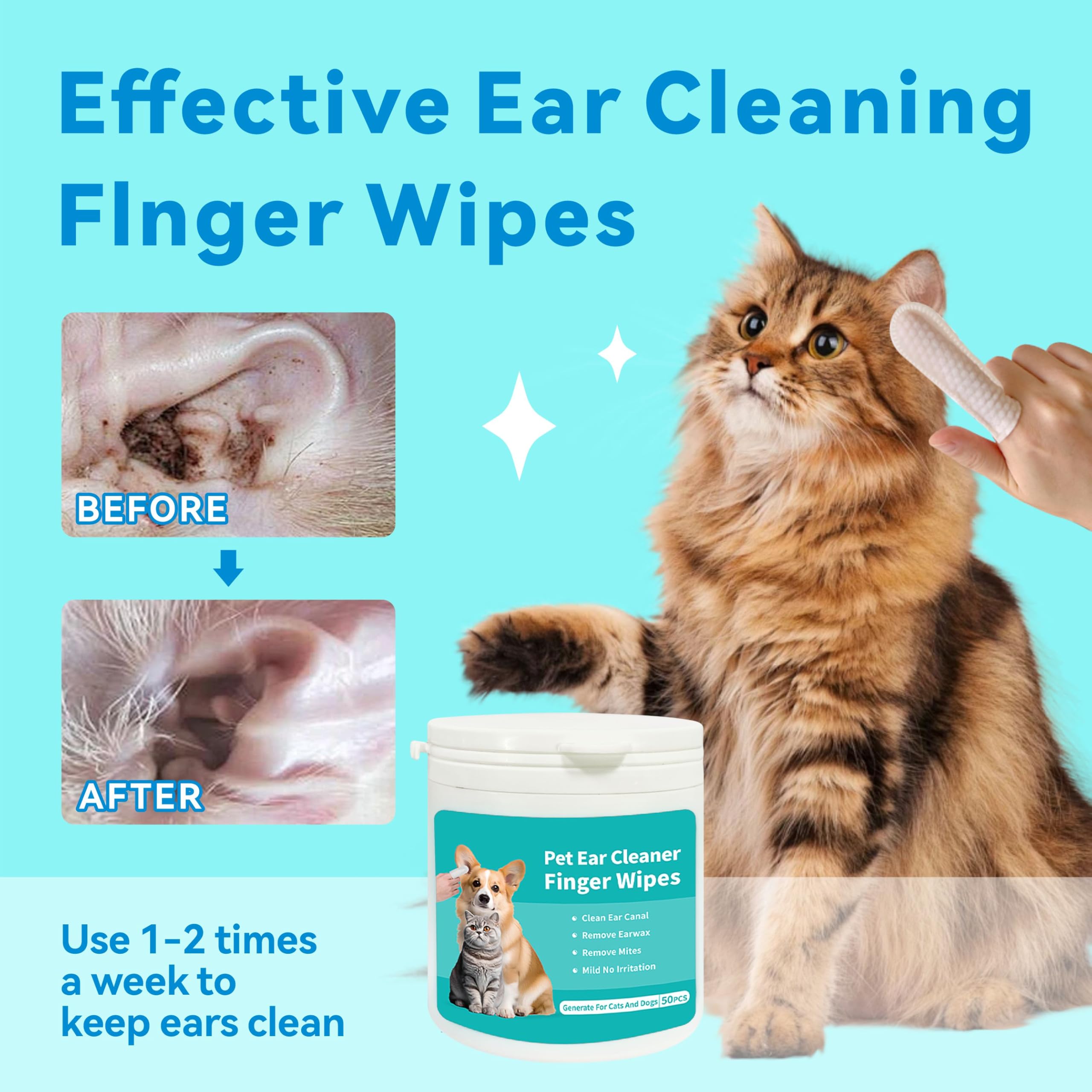 YUVEXAHOO Dog Ear Cleaner—cat Ear Cleaner,Pet Ear Finger Wipes for Easy Earwax Removal,Relieve itching and Inflammation, 50 Count