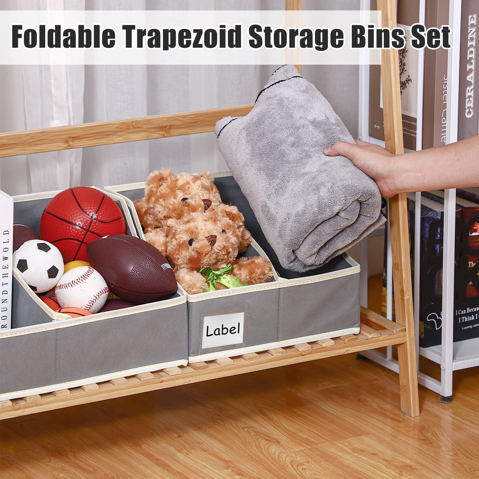 Karenhi 6 Pcs 2 Sizes Trapezoid Storage Bins Fabric Storage Baskets with Label Holder for Shelves Foldable Cube Storage Organizer Bins Clothing Organizer with Handle Clothes Closet Baskets, Light Grey