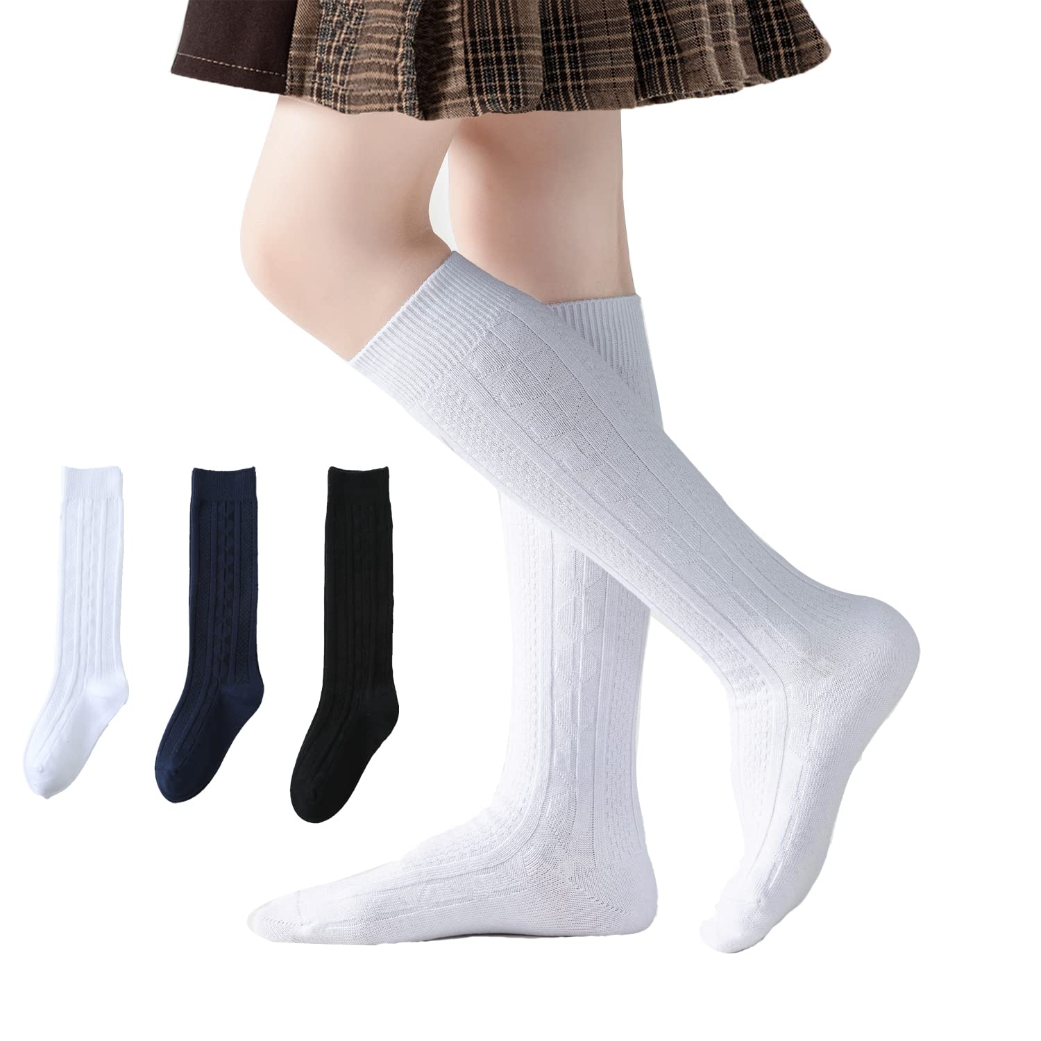 Marchare Girls Knee High Socks Kids School Uniform Seamless Cable Knit Cotton Stockings White/Black/Navy 3 Pack 5-7 Years