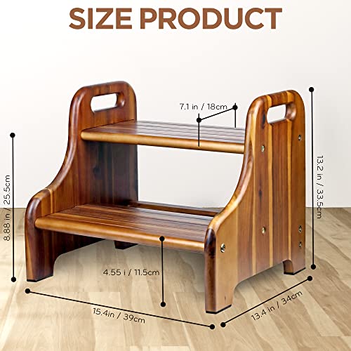 Wood Step Stool for Kids and Toddlers, Natural Acacia Solid Wood, Portable 2 Handles, Wider 2 Steps, Safe Non-Slip Bottom, Rounded Corners, Supports up to 200 lbs, Perfect for Children (Natural)