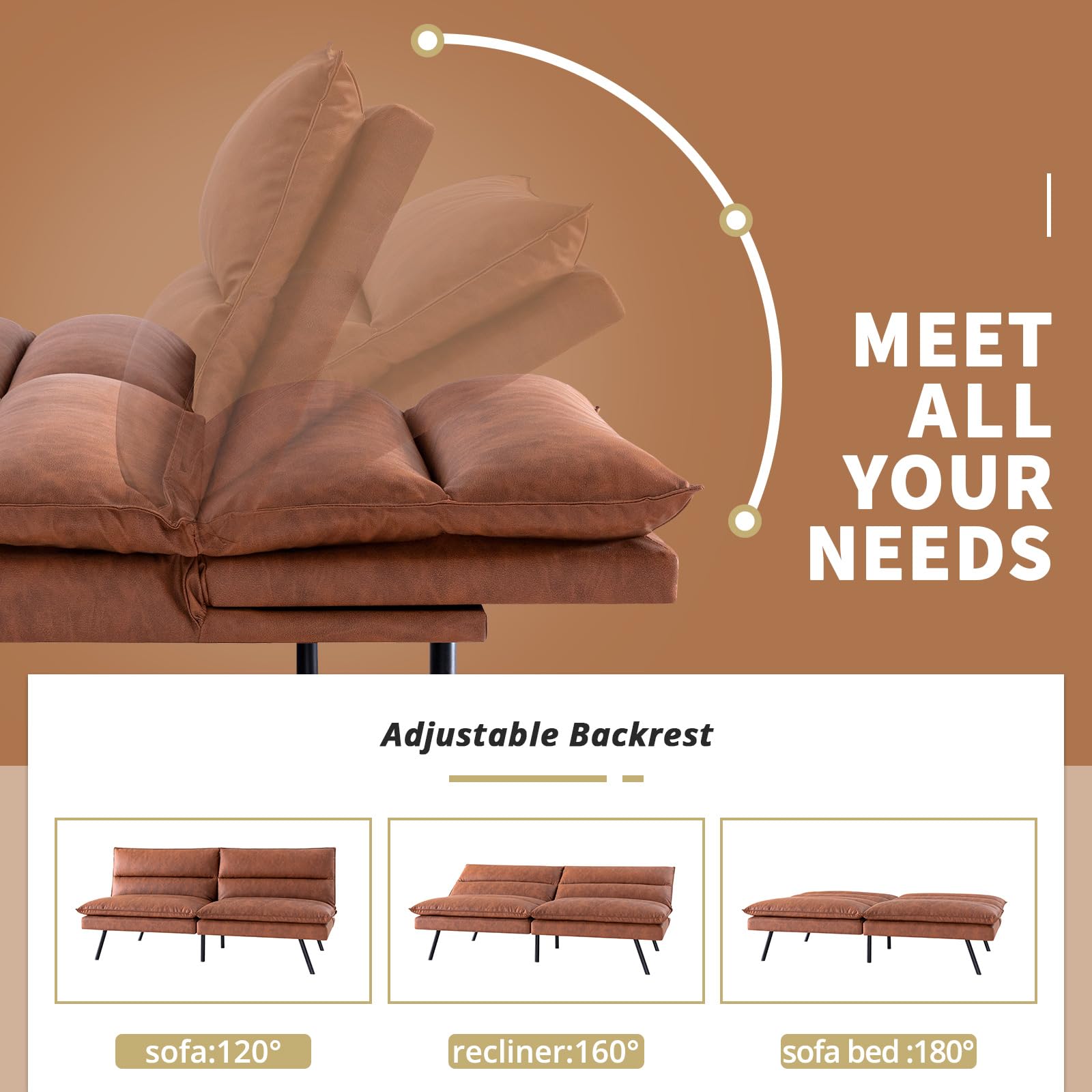 IULULU Futon Sofa Bed Leather Couch with Memory Foam, Modern Convertible Armless Sleeper Daybed for Studio, Apartment, Office, Small Space, Compact Living Room, Caramel