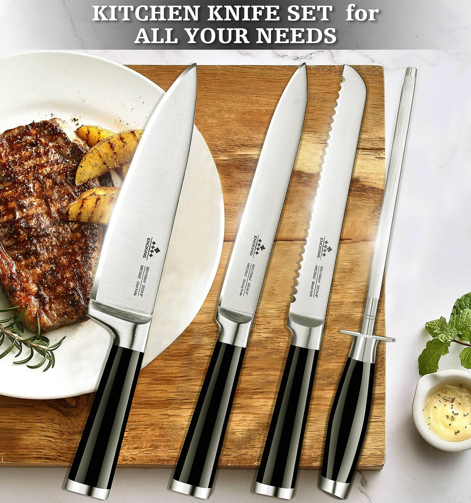 Knife Block Set, ENOKING 8 Pieces Kitchen Knife Set with Independent Sharpener, German Stainless Steel Knives Set for Meat, Vegetables, Fruits, Chopping, Slicing, Dicing & Cutting, Ultra Sharp