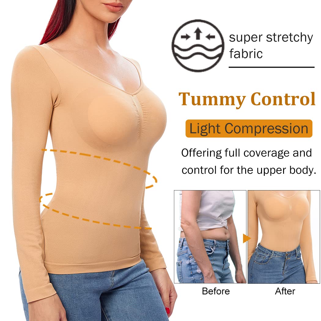 JOYSHAPER Womens V Neck Thermal Tops Long Sleeve Compression Shirts Shapewear Slimming Undershirts Base Layer Tops (Beige, X-Large)