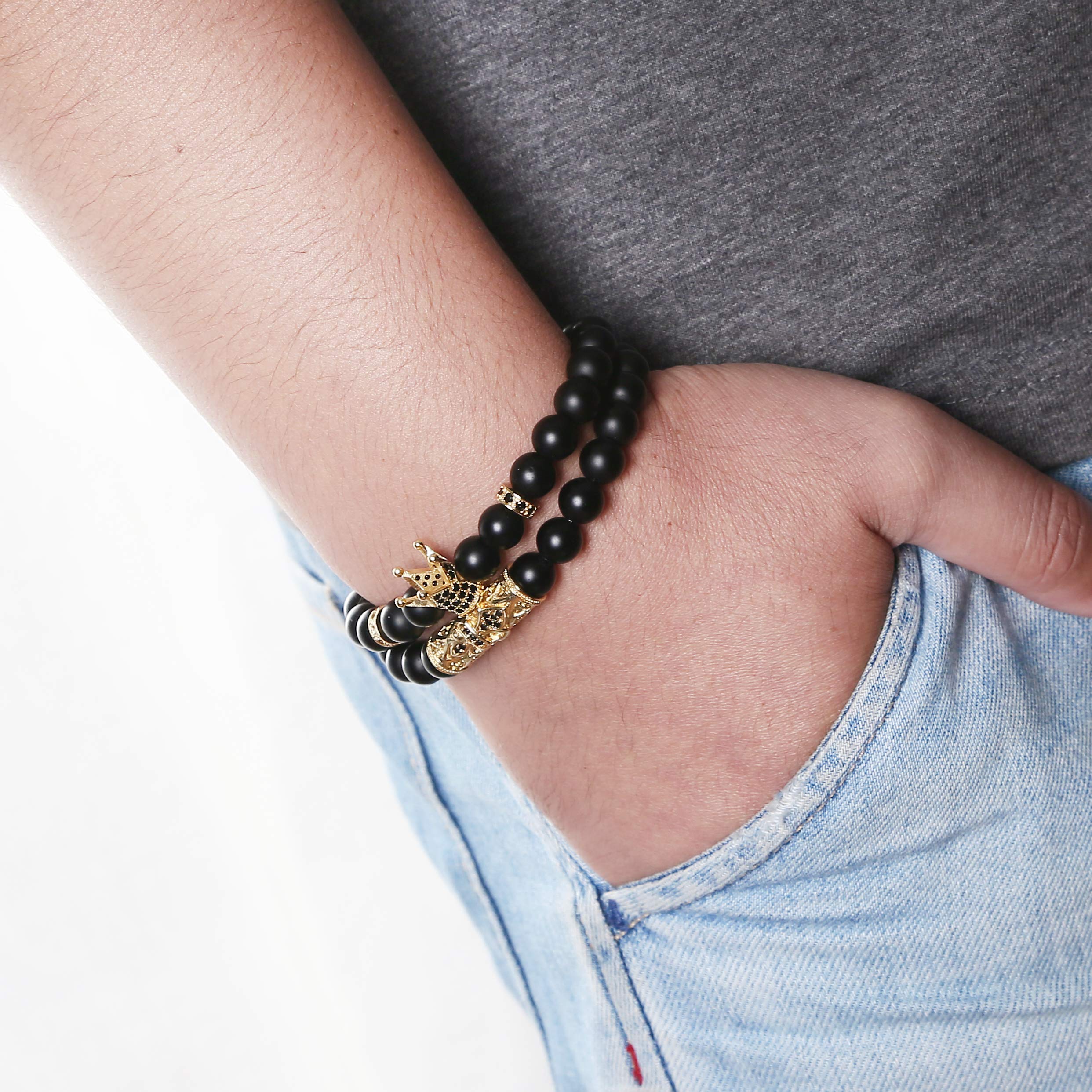 KAMRESH 8mm Beads Bracelets Black Matte Onyx Stone Bracelet Sets Charm King Crown for Women Men Jewelry