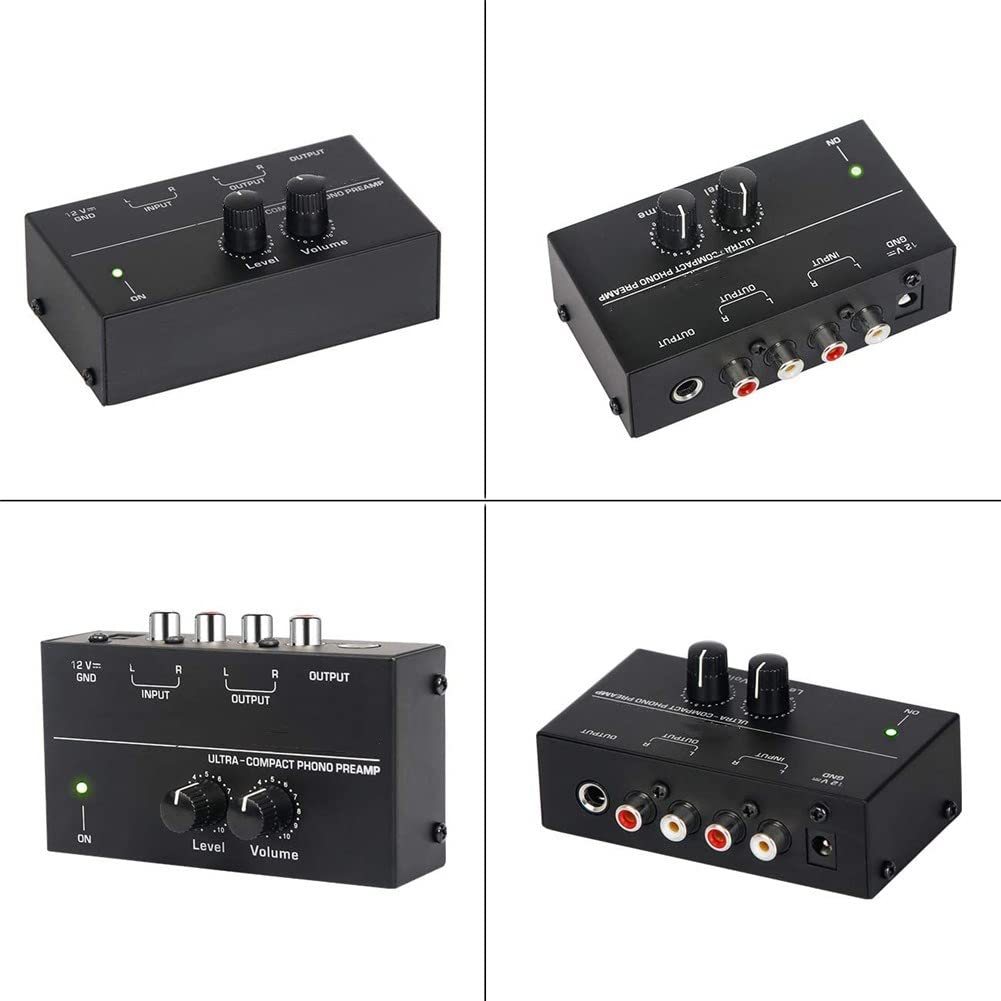 Phono Turntable Preamp-Mini Audio Stereo Phonograph,Separate DC 12V Power Adapter, RCA Input, RCA Output & Low Noise preamp,Portable, Independent Knob Control Operation -Depusheng PP500, Black