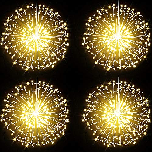 Starburst String Lights Christmas Lights,198 LED 8 Modes Dimmable with Remote Control, Waterproof Copper Wire Decorative Hanging Starburst Lights for Party Patio Garden Decoration (Warm White, 4PC)