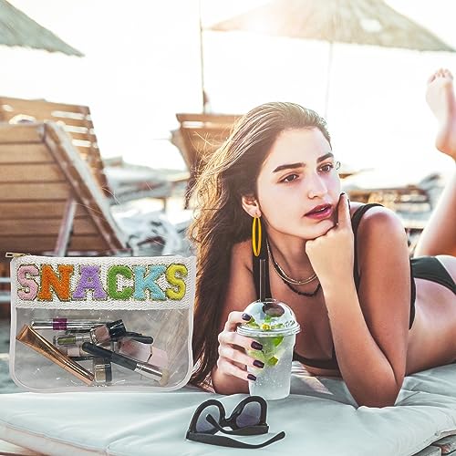 TOSOUATOP Makeup Bag With Glitter Chenille Letter, Clear Snack Letter Bag, Beach Bag, 【High-Capacity】, 【Woven Design】, 【Waterproof Material】, Travel Makeup Bag for Women/Girls,White-SNACKS